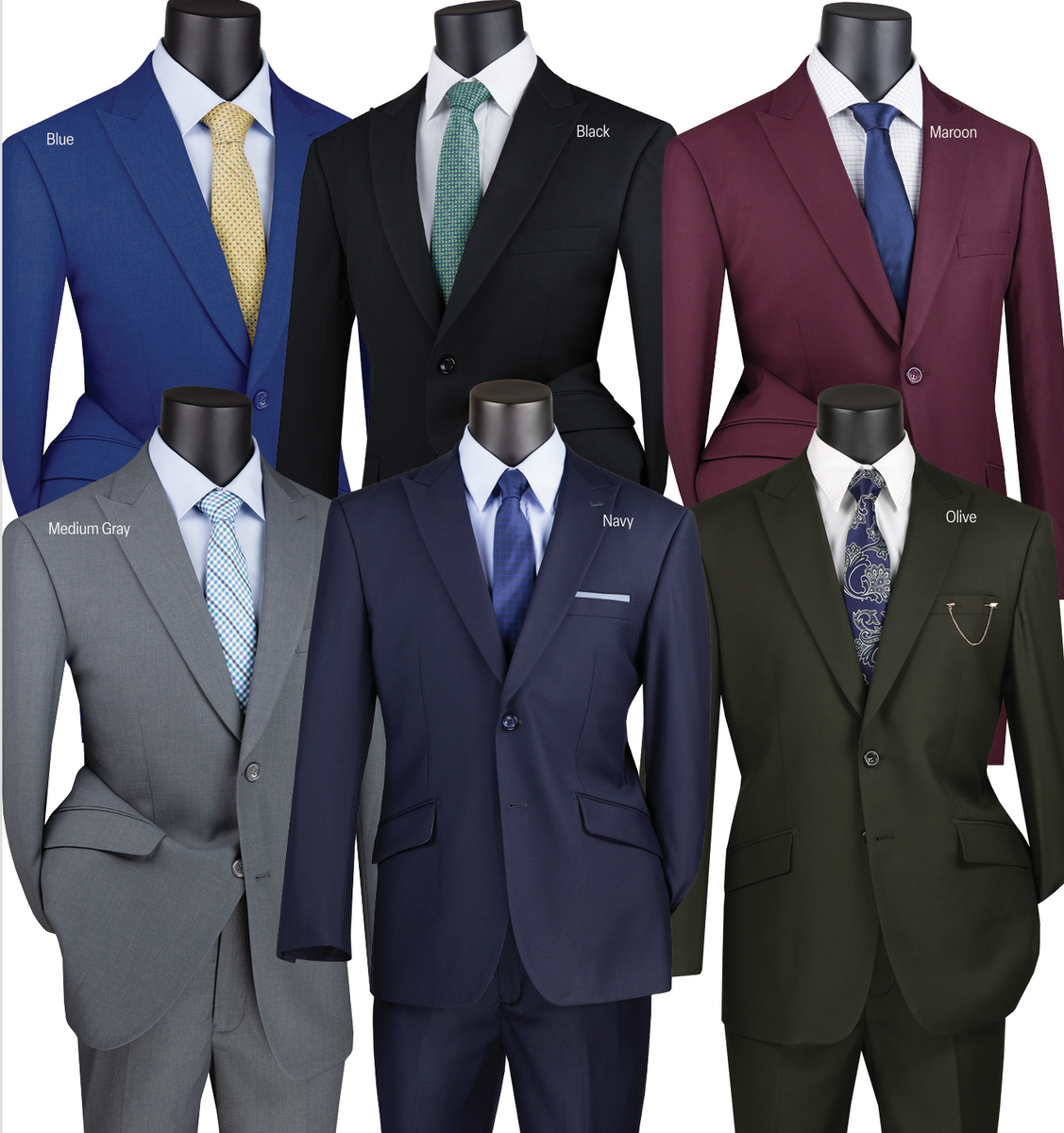 Modern Fit Single Breasted Two Button Suit by Vinci in Blue, Black & M ...